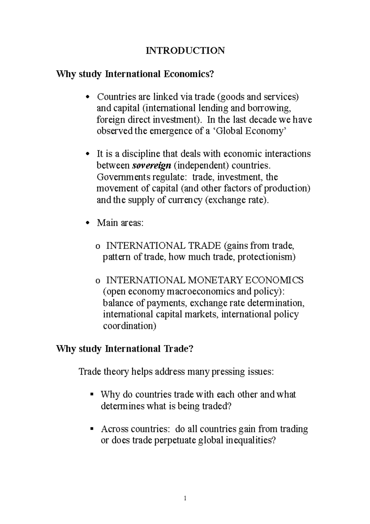 Lecture 1 - intro to int trade - INTRODUCTION Why study International ...