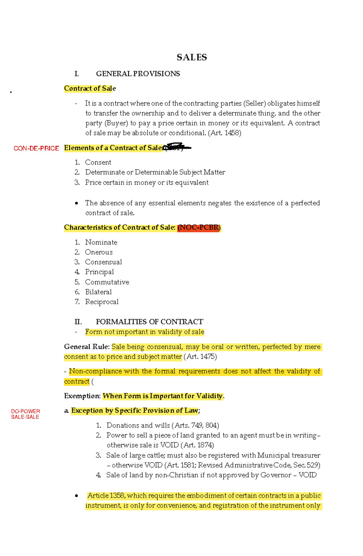 Notes-on-Sales-and-Agency 1 - SALES I. GENERAL PROVISIONS Contract of ...