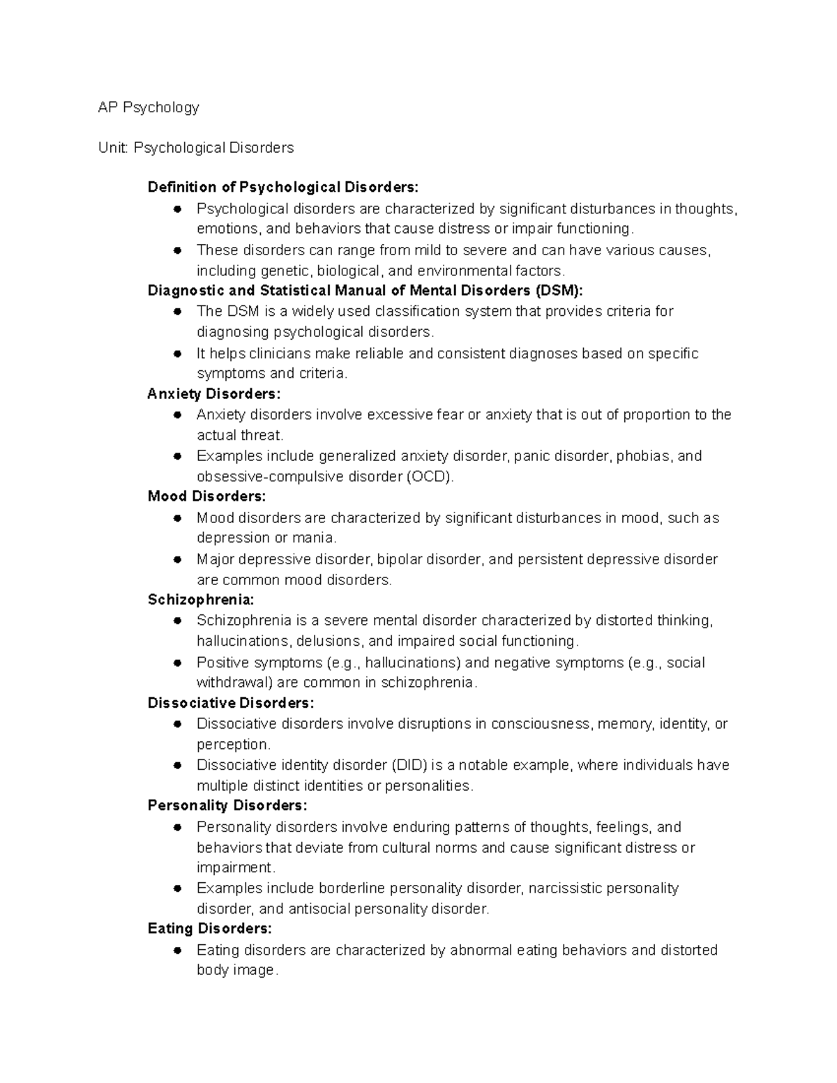 AP Psychology - Psychological Disorders - AP Psychology Unit ...