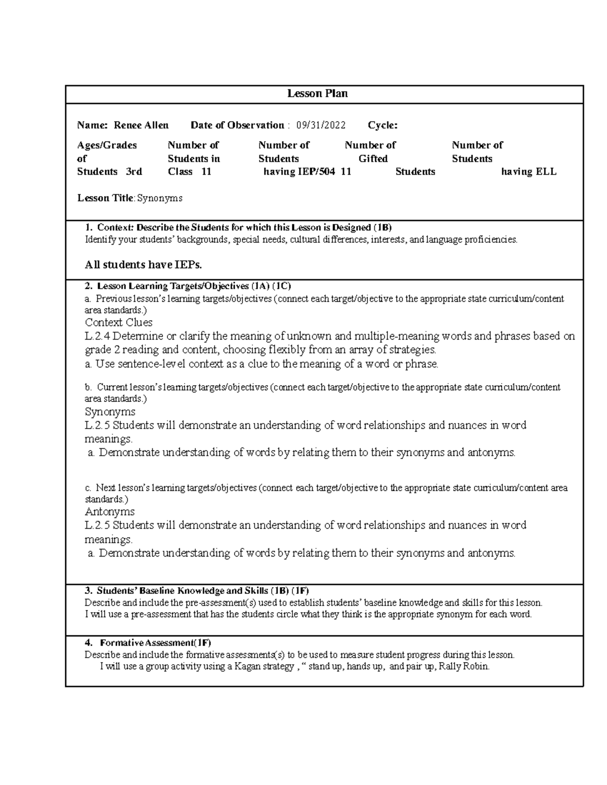 Synonyms Renee Allen - lesson plan - Lesson Plan Name: Renee Allen Date ...