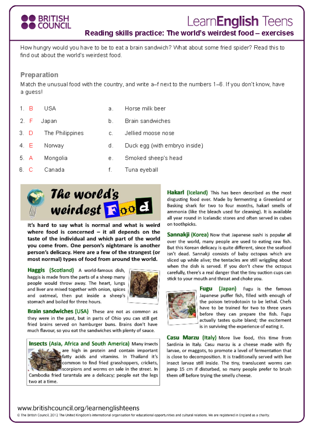 8. THE World`S Weirdest FOOD - Reading skills practice: The world’s ...