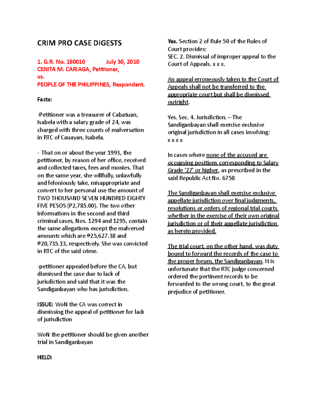 CRIM PRO CASE Digests - law - CRIM PRO CASE DIGESTS G. No. 180010 July 30, 2010 CENITA M ...