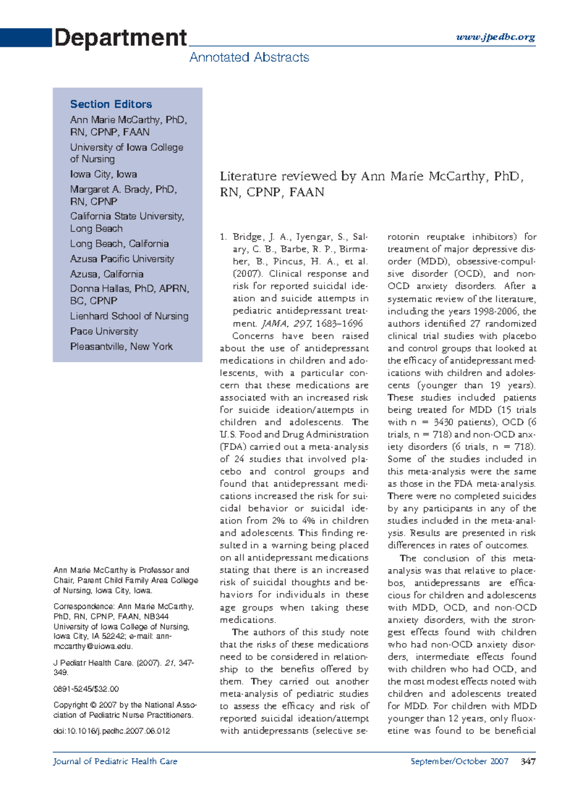 Annotated-Abstracts 2007 ymph - Literature reviewed by Ann Marie McCarthy, PhD, RN, CPNP, FAAN ...