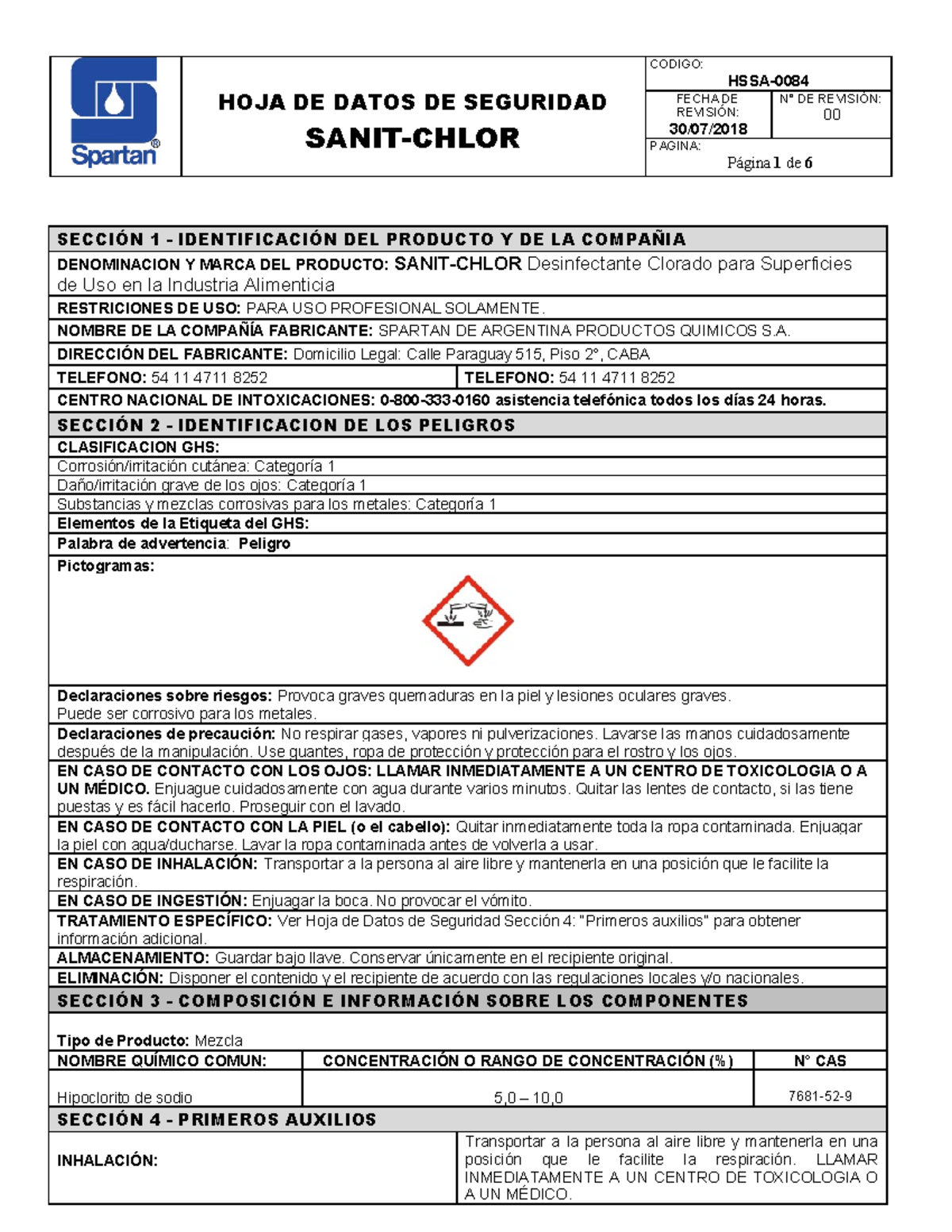 HDS Sanit-Chlor Spartan Argentina - HOJA DE DATOS DE SEGURIDAD SANIT ...