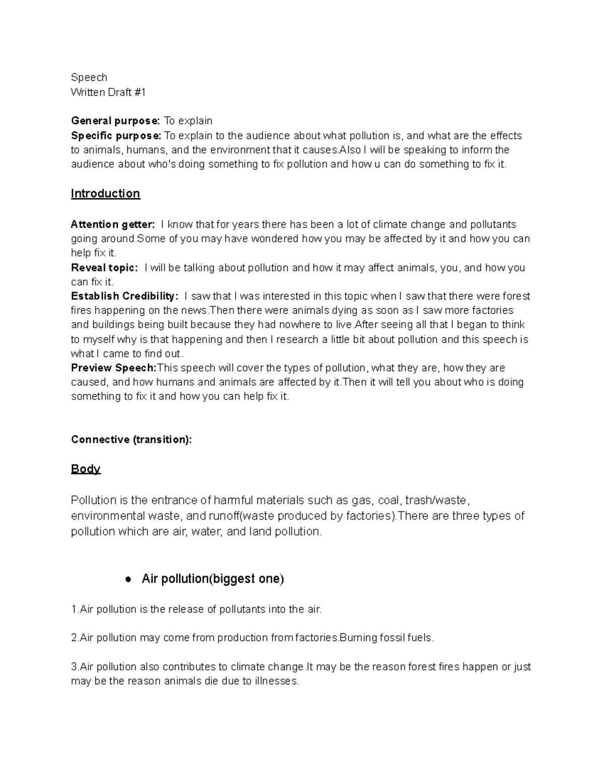 Pollution Speech draft - Speech Written Draft # General purpose: To ...