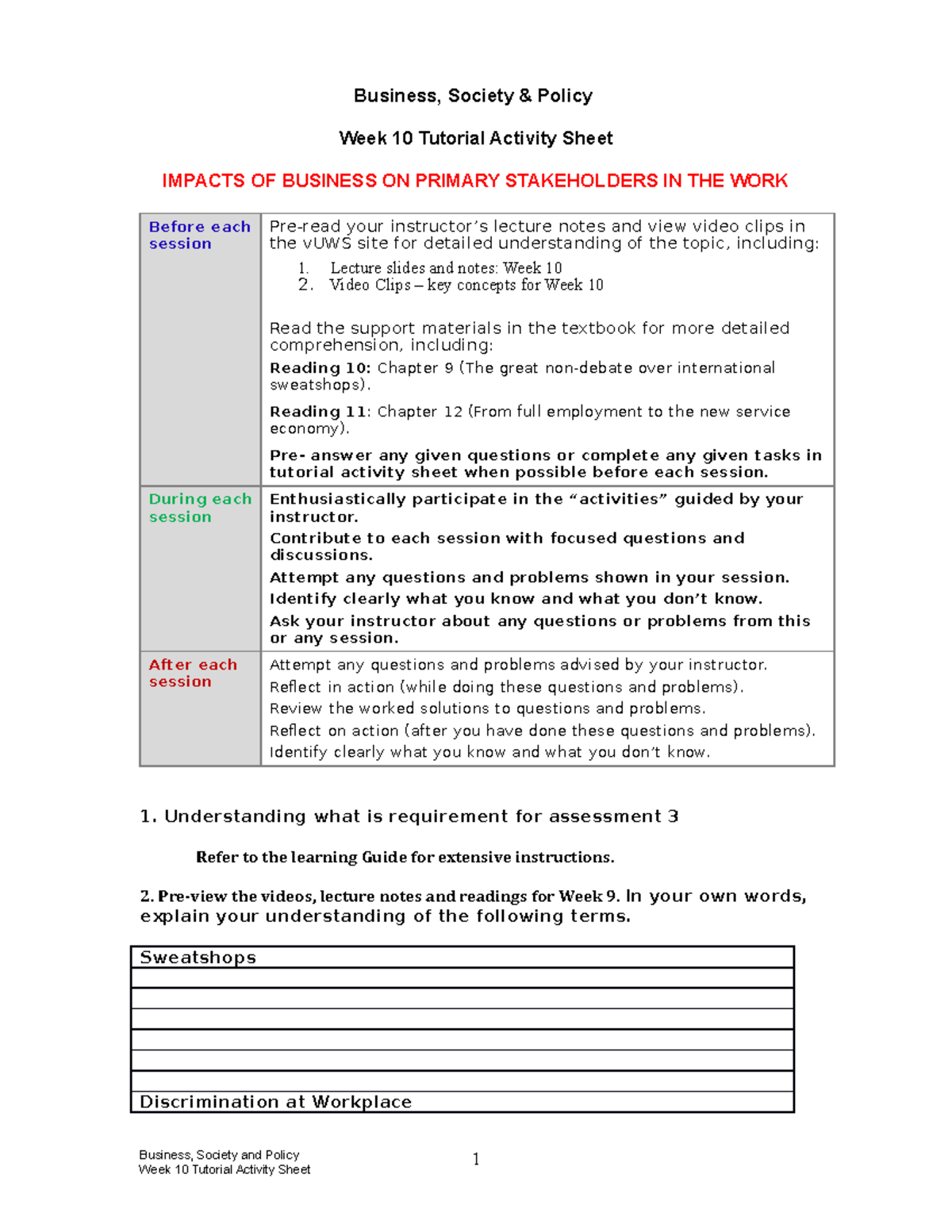 Week 10 Tutorial Activity Sheet - Business, Society & Policy Week 10 ...