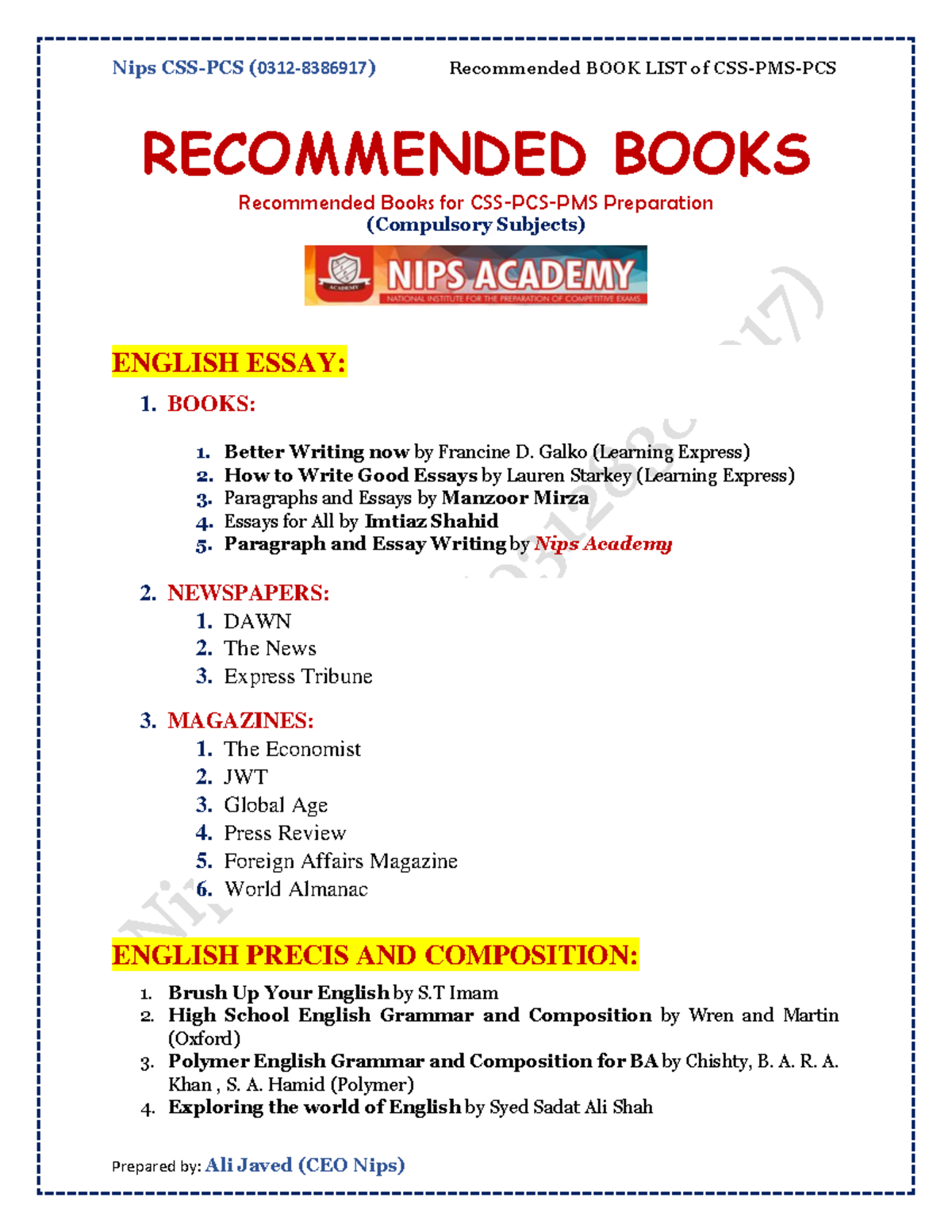 Recommended Book for CSS-PMS-PCS- Nips Academy (22nd Sept, 2021)-converted - RECOMMENDED BOOKS ...