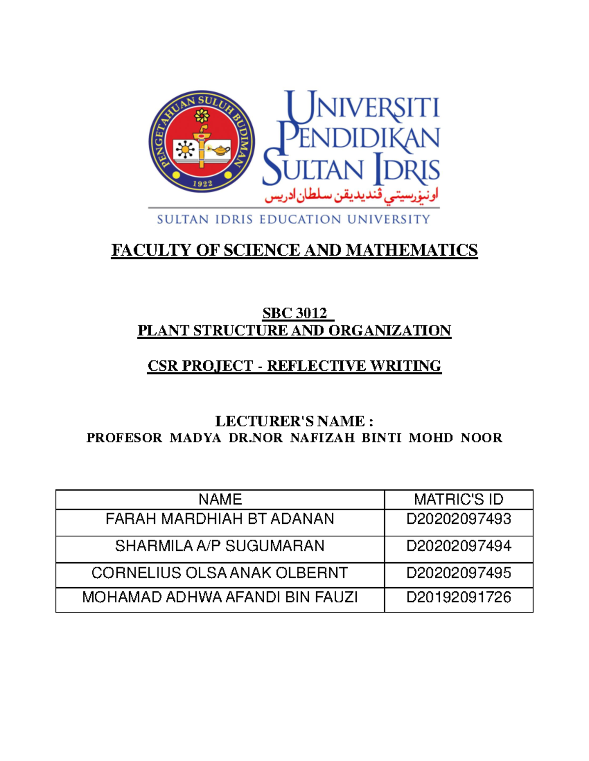 CSR Reflective Writing - FACULTY OF SCIENCE AND MATHEMATICS SBC 3012 ...