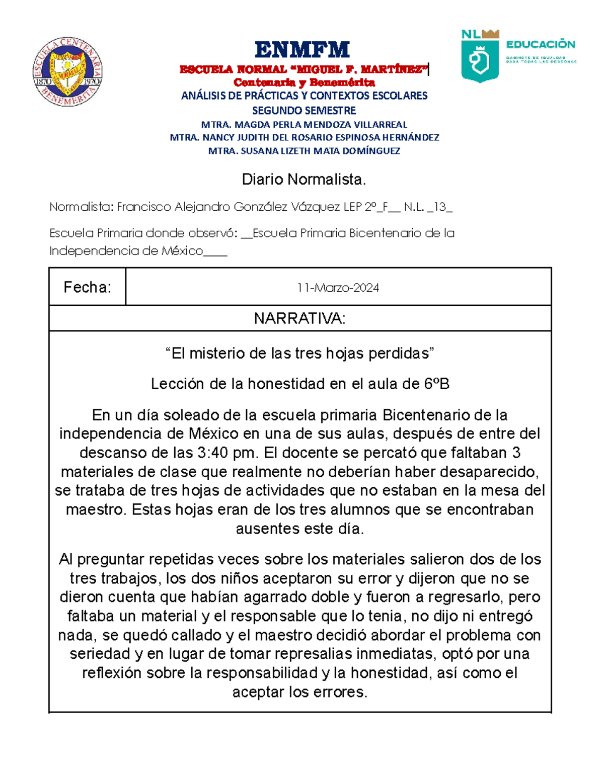 Diario Normalista 11:03:2024 - ENMFM ESCUELA NORMAL “MIGUEL F. MARTÍNEZ ...