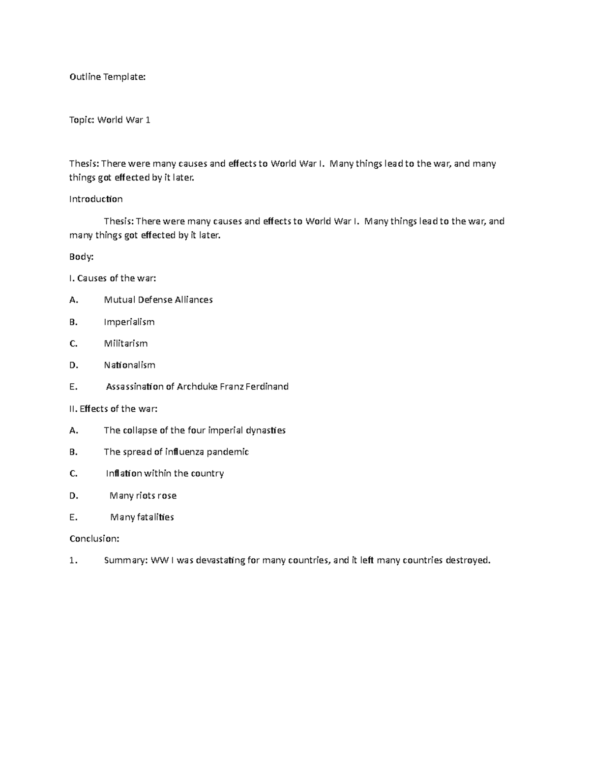 WW1 Outline - moth - Outline Template: Topic: World War 1 Thesis: There ...
