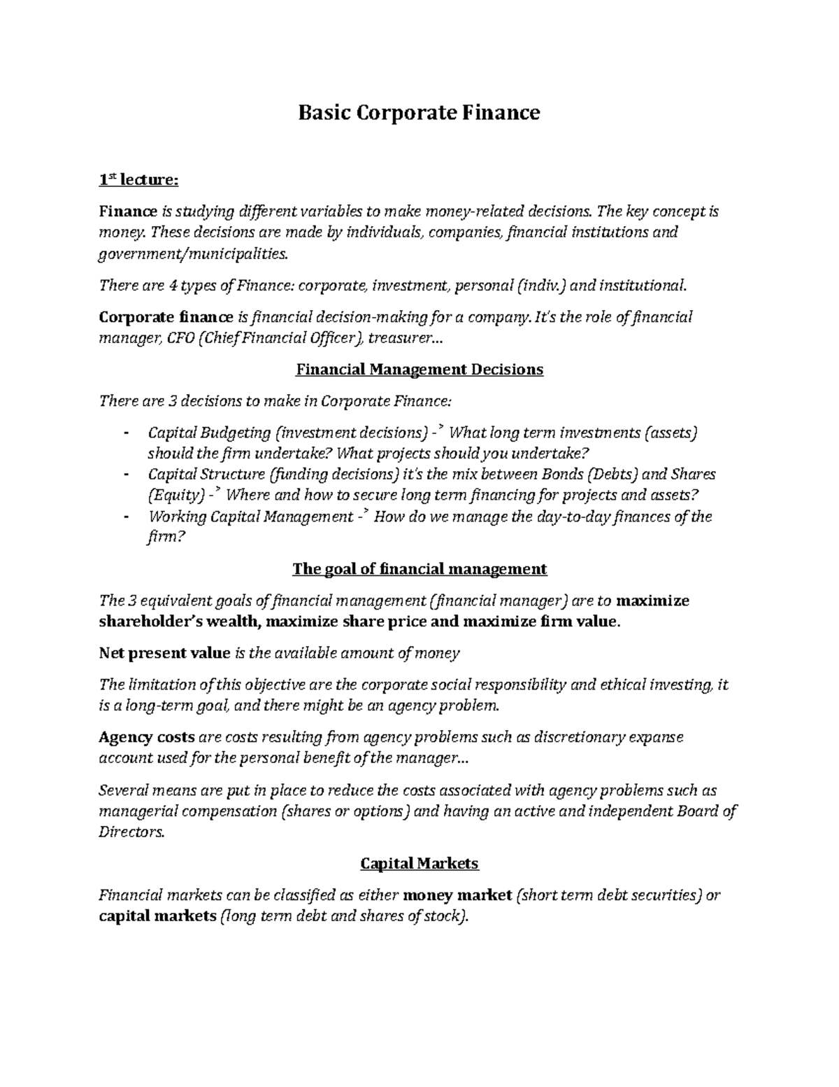 Basic Corporate Finance course - Basic Corporate Finance 1 st lecture ...