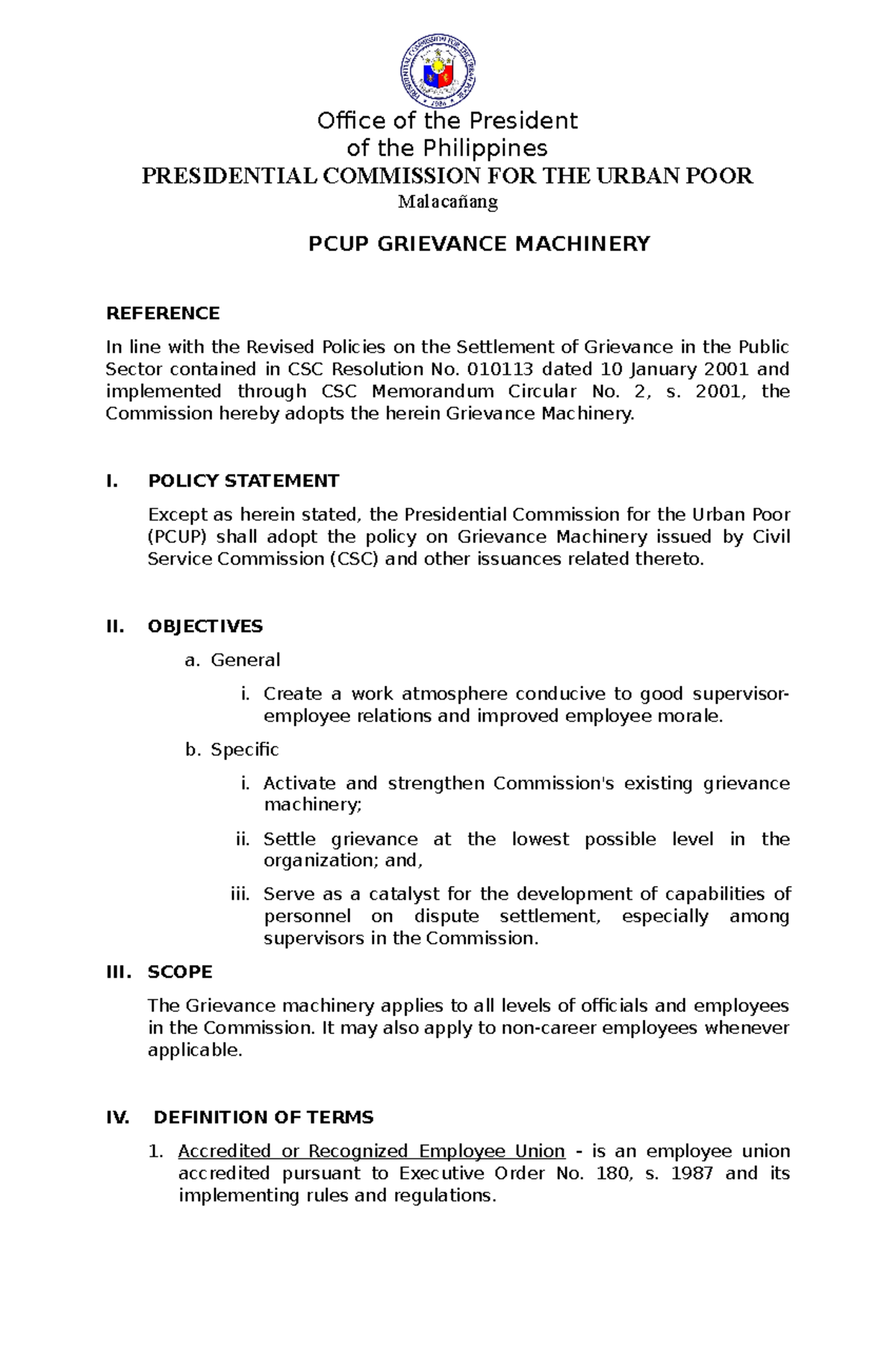 PCUP Grievance Machinery - of the Philippines PRESIDENTIAL COMMISSION ...