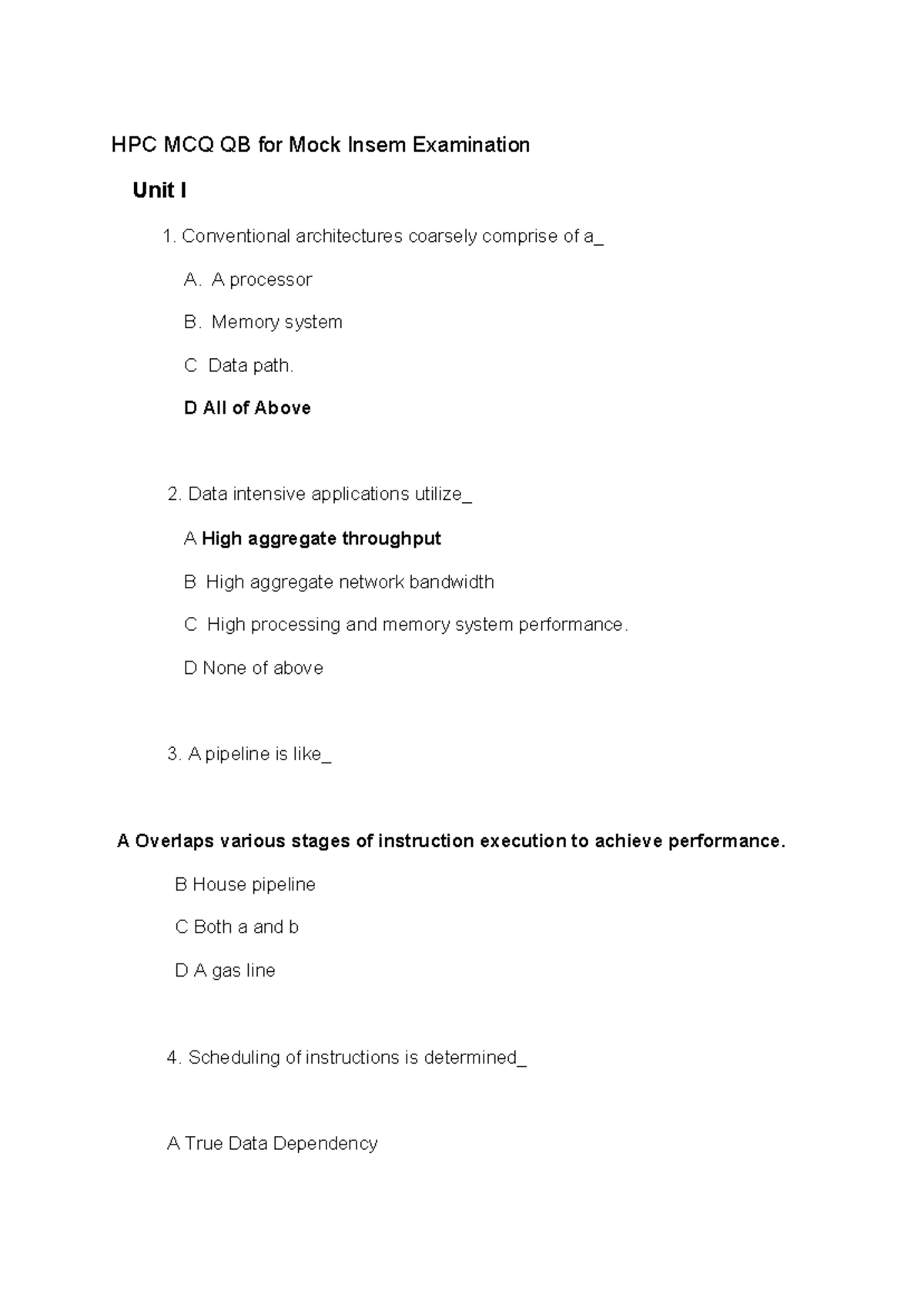 HPC MCQ QB for Mock Insem Examination - A processor B. Memory system C ...