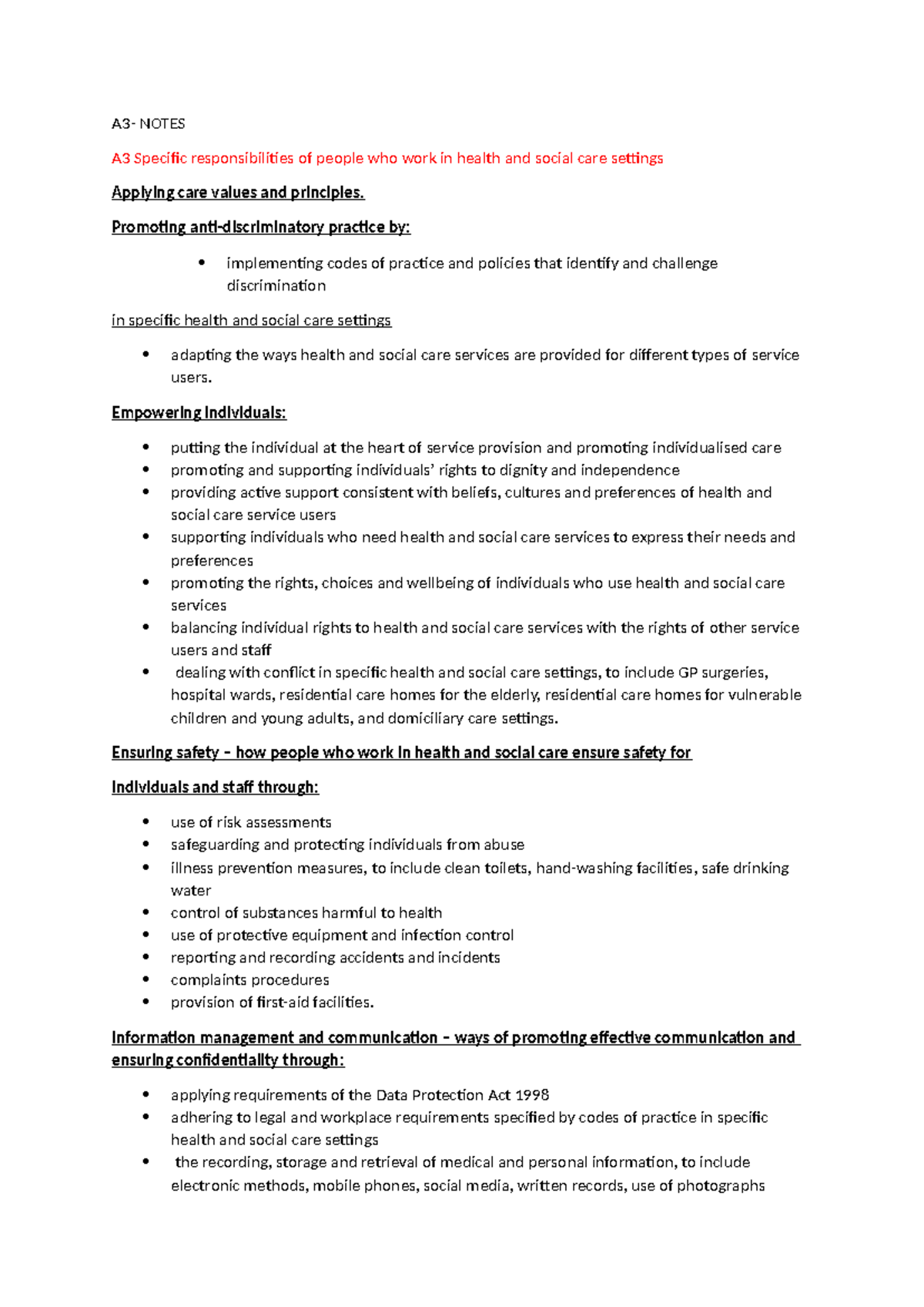A3 notes - A3- NOTES A3 Specific responsibilities of people who work in ...