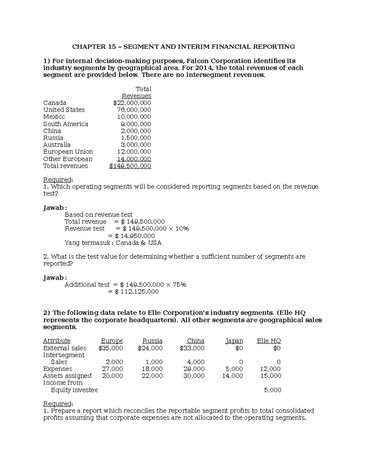 Latihan SOAL Chapter 15 Segment AND Interim Financial Reporting - CHAPTER 15 – SEGMENT AND ...