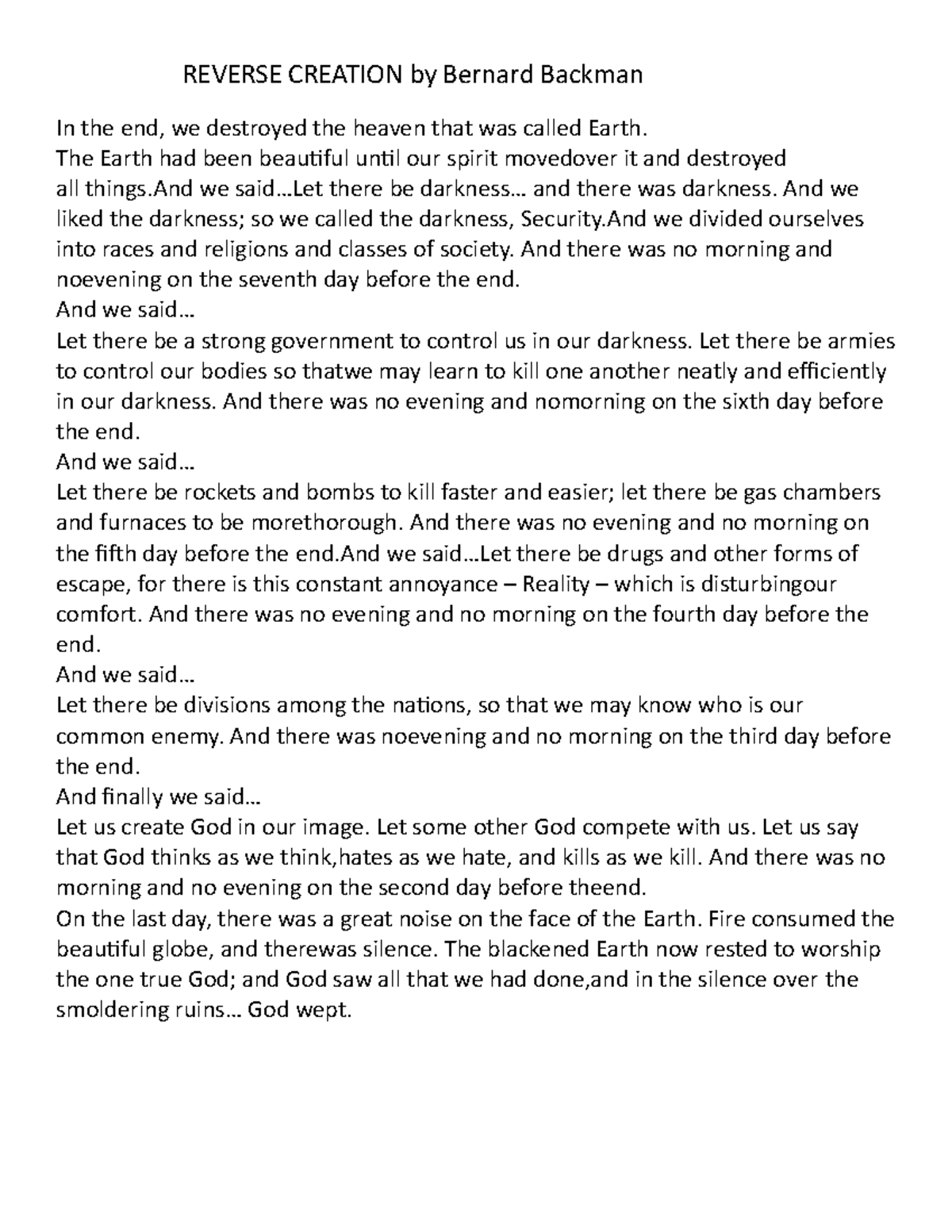 Reverse Creation by Bernard Backman - REVERSE CREATION by Bernard Backman In the end, we ...