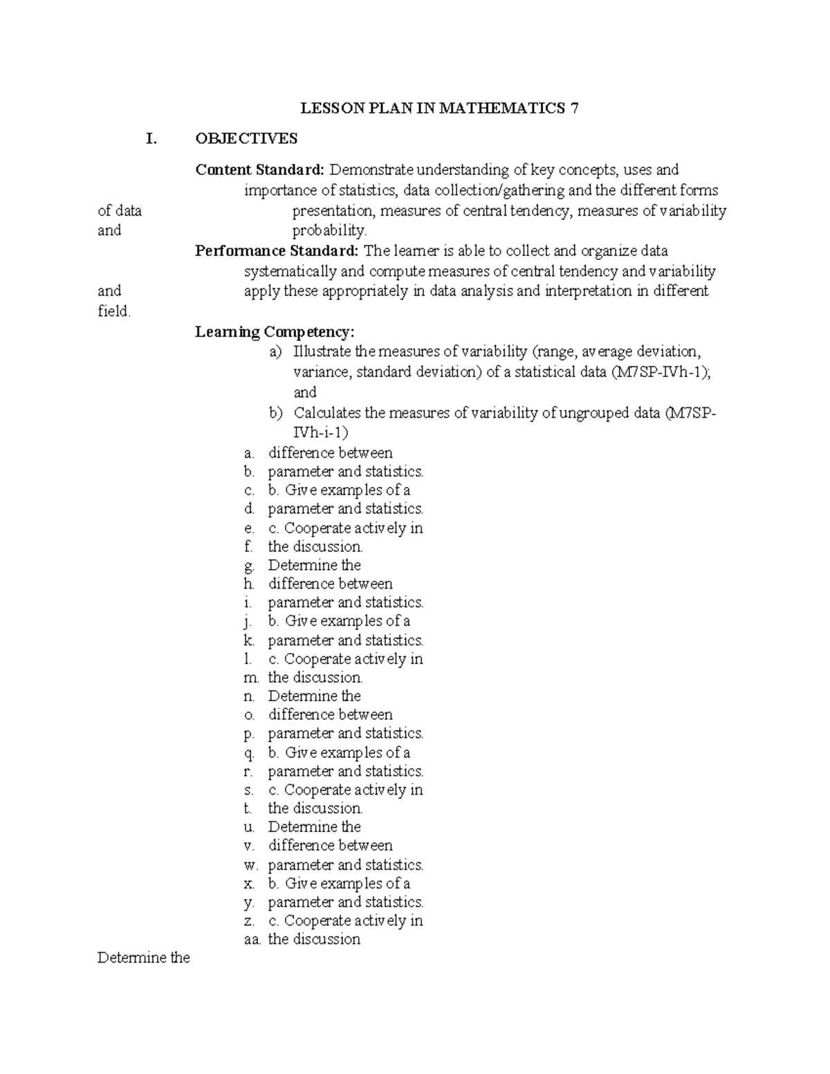 Measures of variability ungrouped LP - LESSON PLAN IN MATHEMATICS 7 I ...