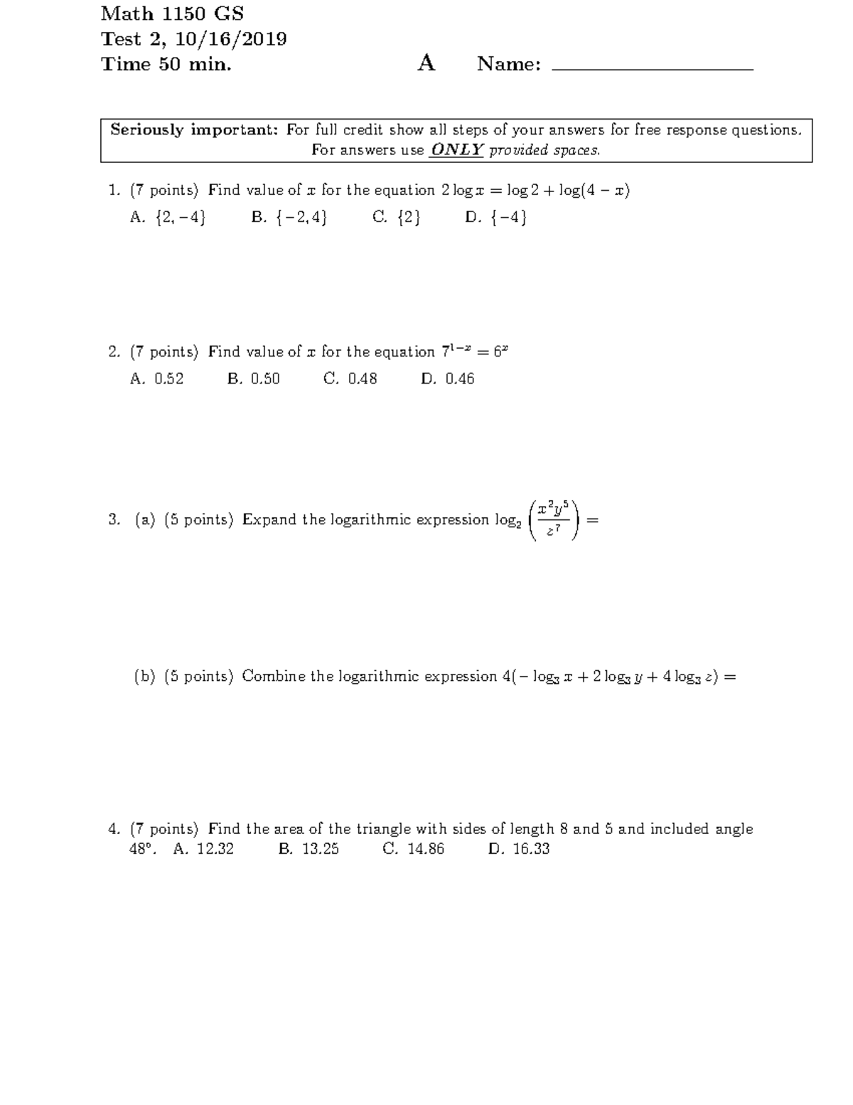 Math 1150 Test 2 Group A Fall 19 - Math 1150 GS Test 2, 10/16/ Time 50 ...