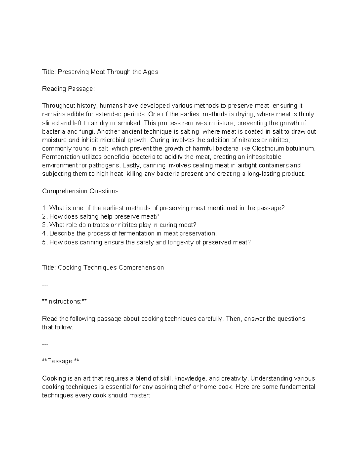 Title- Cooking Techniques Comprehension 2 - Title: Preserving Meat ...