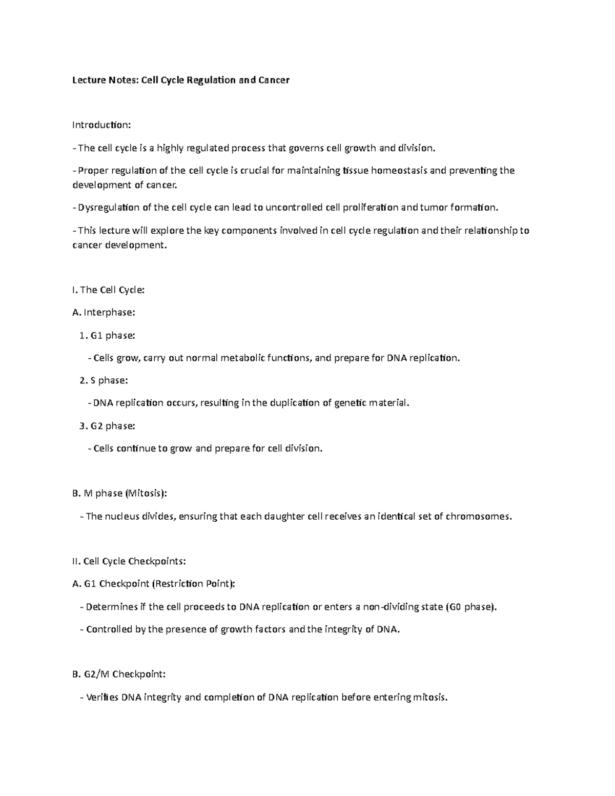 Lecture Notes: Cell Cycle Regulation and Cancer - Lecture Notes: Cell ...