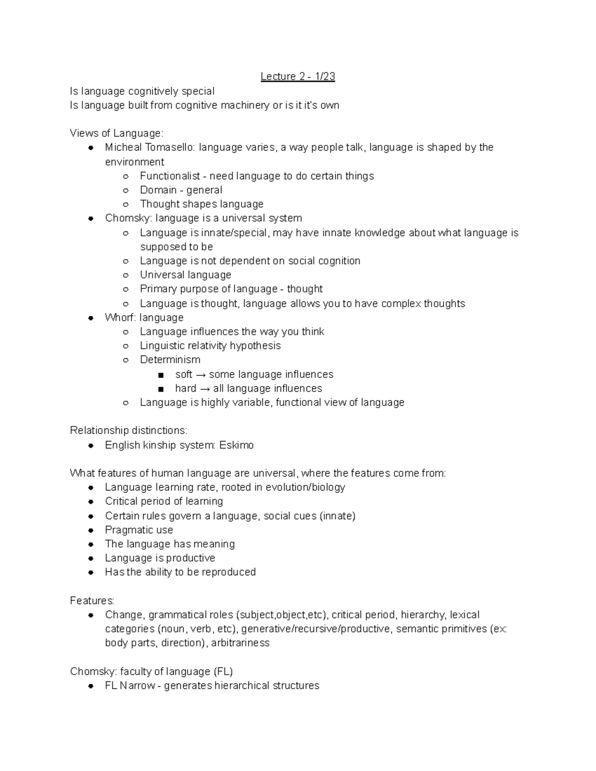 Lecture 2 - 1 23 - Lecture 2 - 1/ Is language cognitively special Is ...