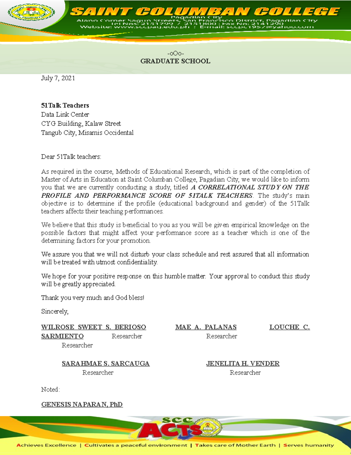 Permit TO Conduct THE Study -oOo- GRADUATE SCHOOL July 7, 2021 51Talk ...