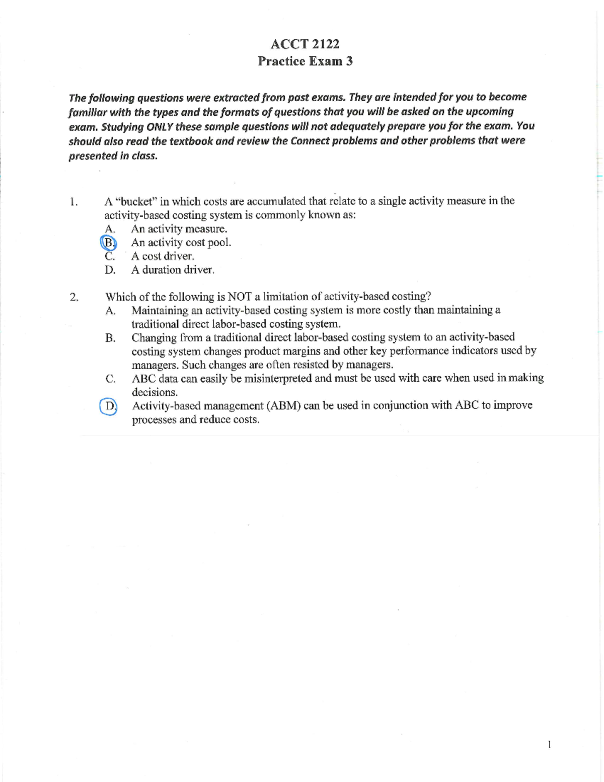 ACCT2122 BAP Exam 3 Practice Solutions - ACCT 2122 - Studocu