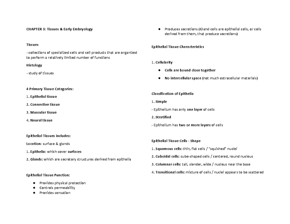 Chapter 3 - Notes - CHAPTER 3: Tissues & Early Embryology Tissues ...