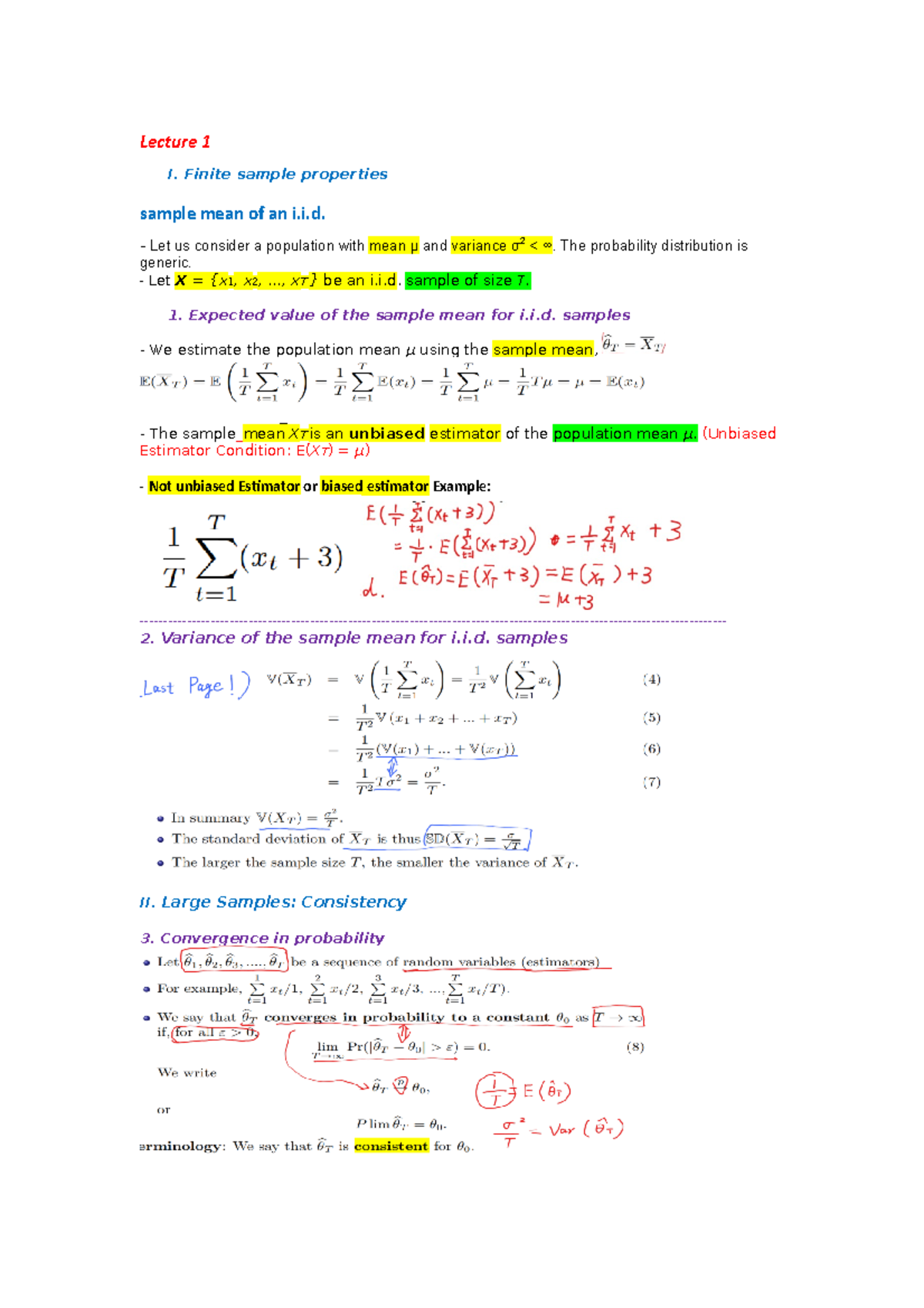 Lecture Note For Non Linear Lecture 1 I Finite Sample Properties Sample Mean Of An Ii Let