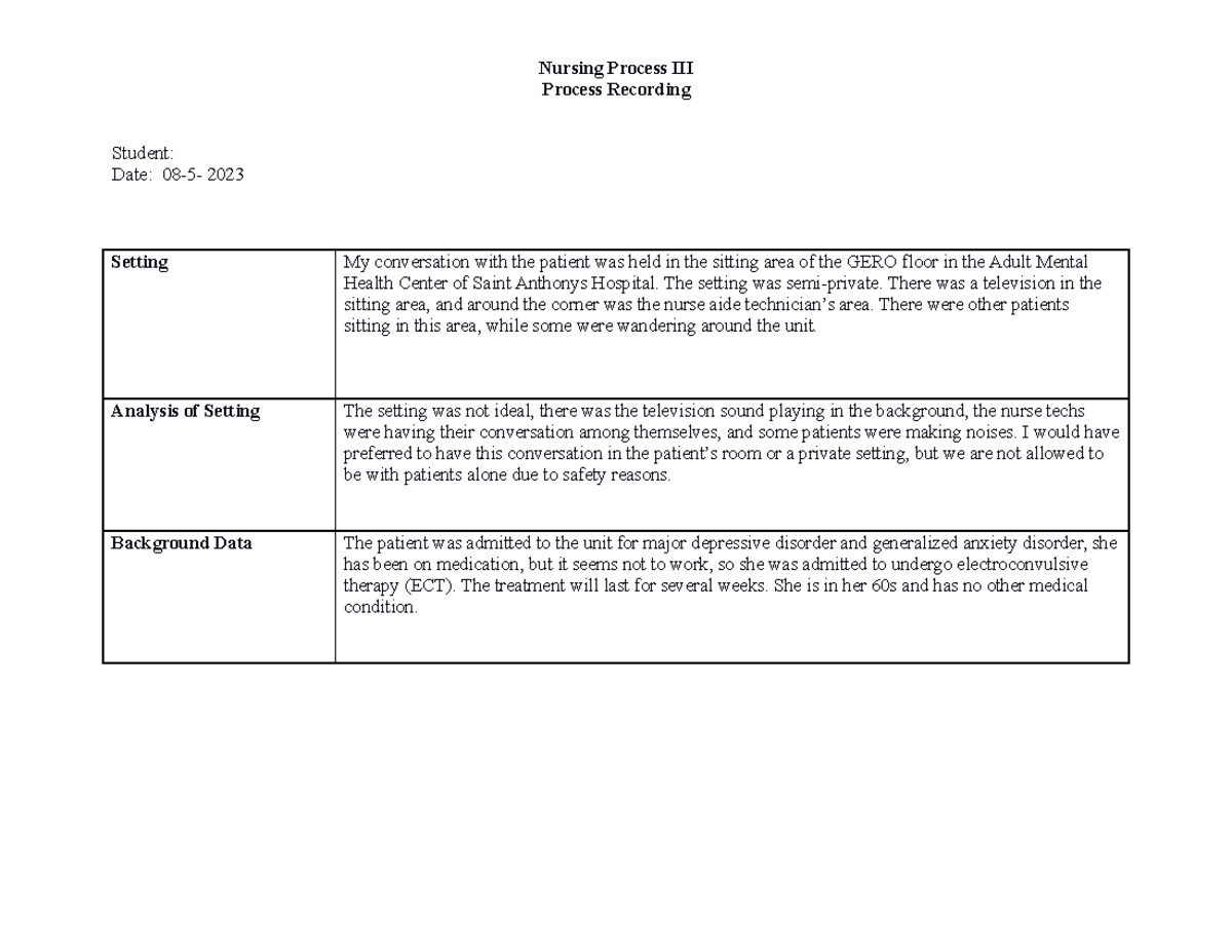 Process Recording With Patient - Nursing Process III Process Recording ...