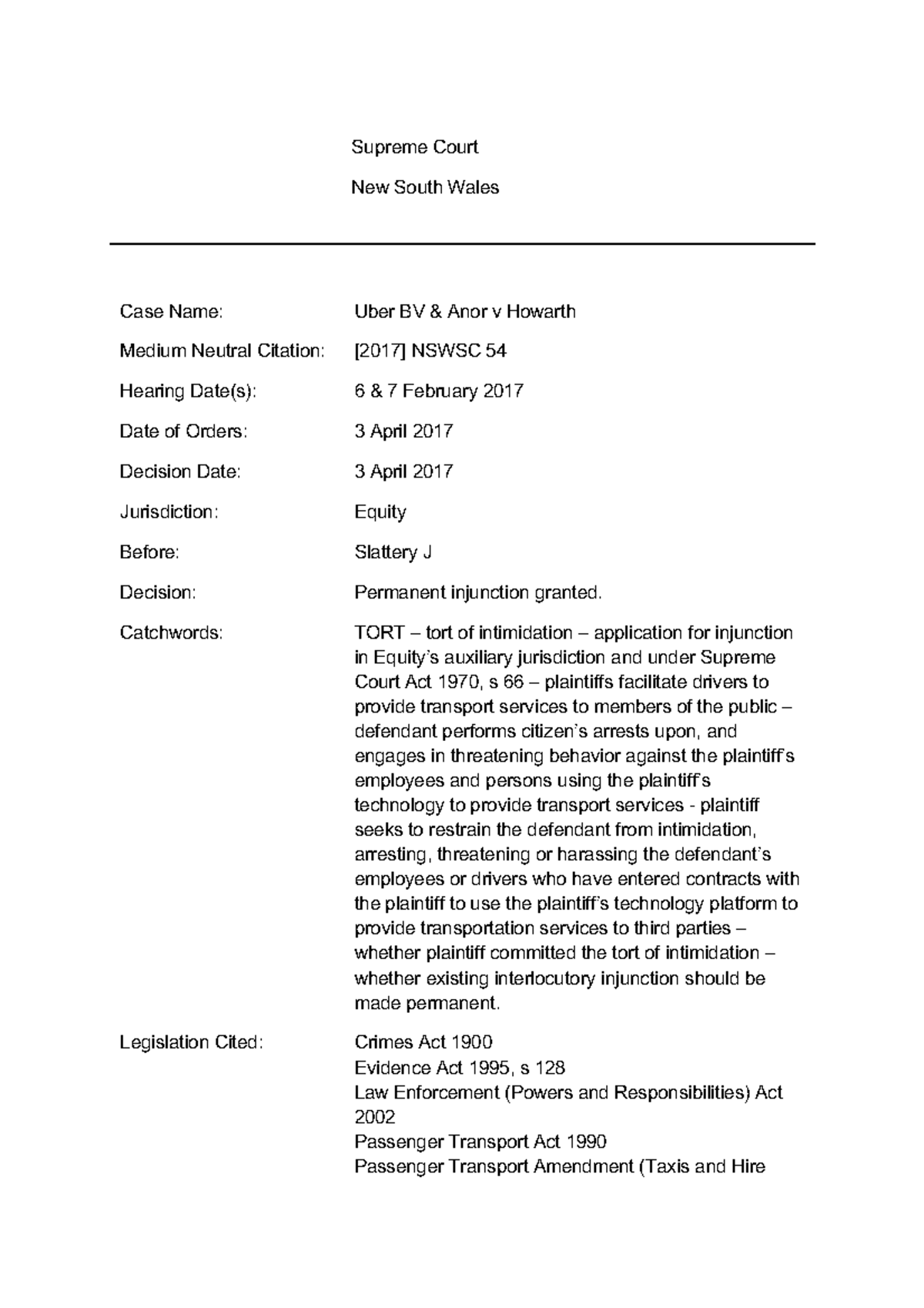 Uber v Howarth case for week 7 - Supreme Court New South Wales Case ...