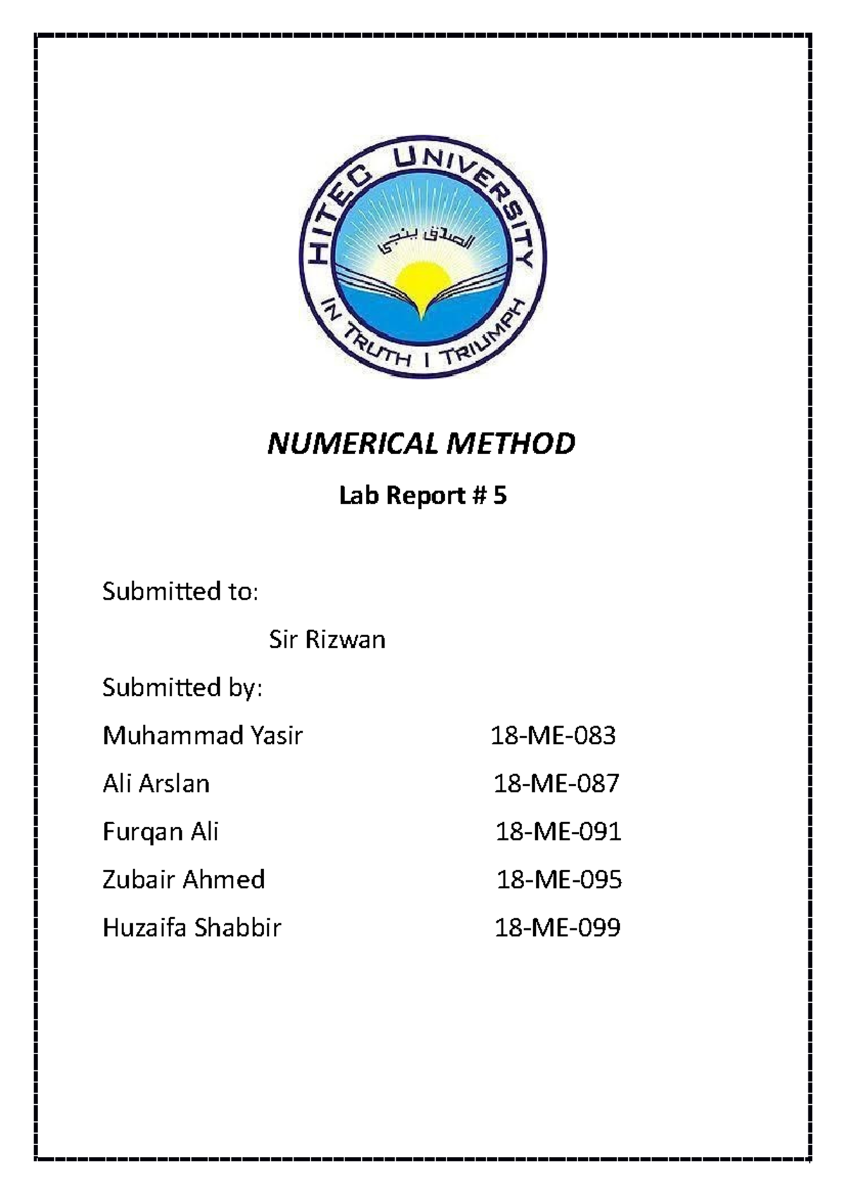 Lab report Rungee Kutta - NUMERICAL METHOD Lab Report # 5 Submited to ...
