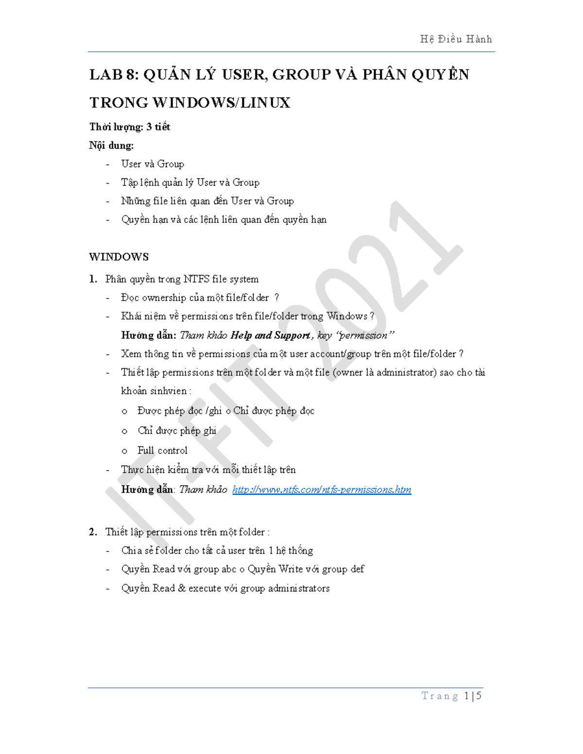 Lab8 - 123 - LAB 8: QUẢN LÝ USER, GROUP VÀ PHÂN QUYỀN TRONG WINDOWS/LINUX Thời lượng: 3 tiết Nội ...