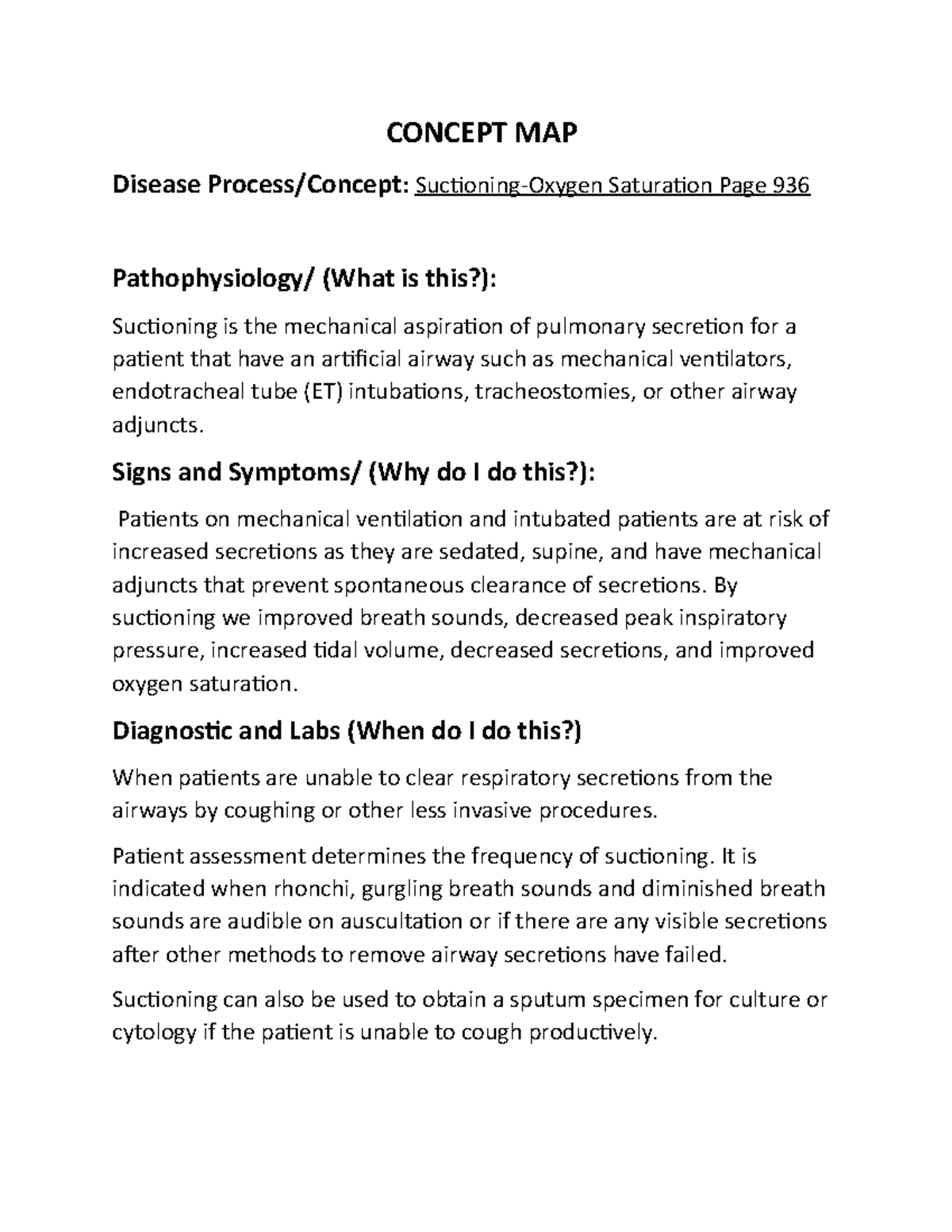Concept Map Suctioning-Oxygen Saturation - CONCEPT MAP Disease Process ...
