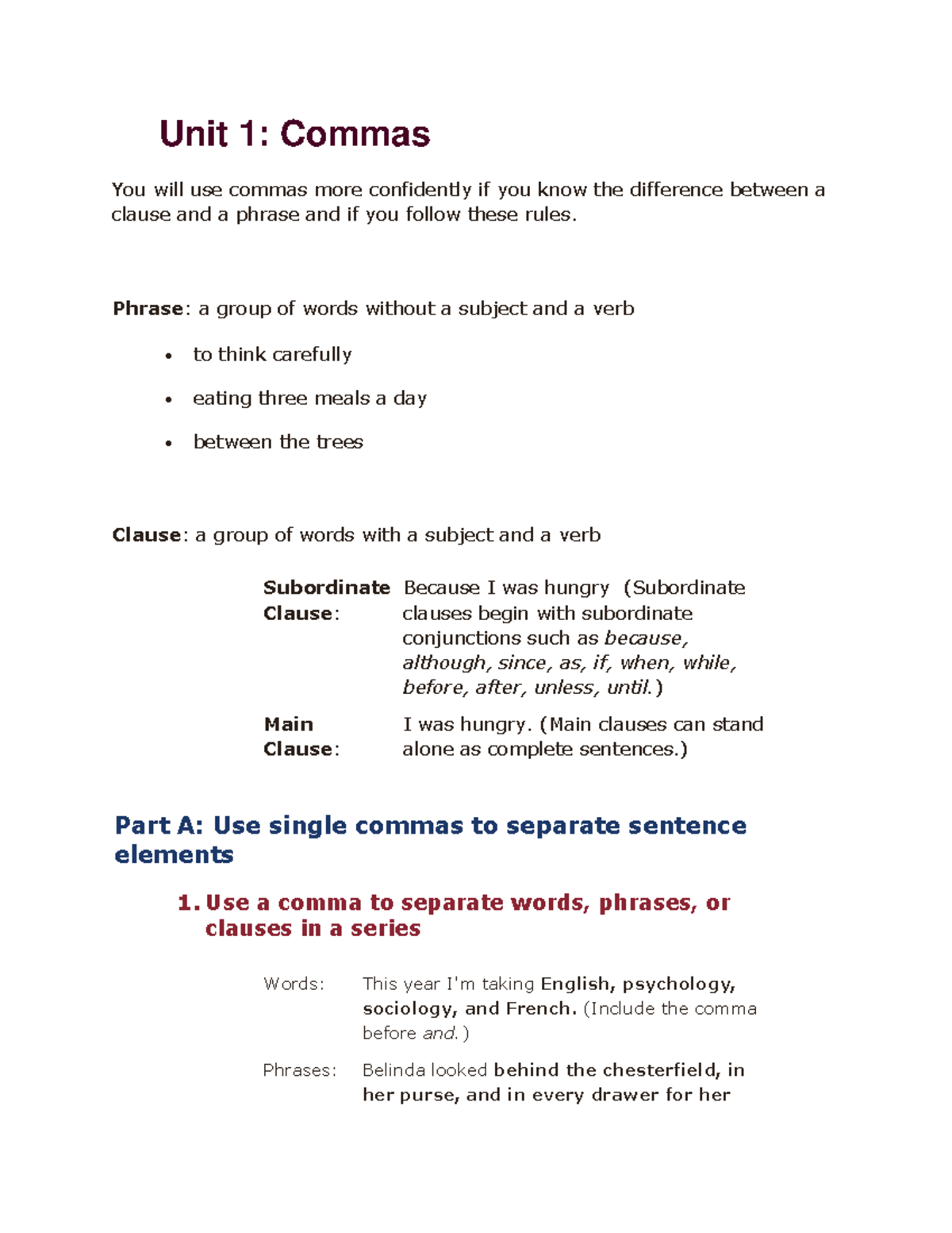 Unit 1: Commas - Rules and Examples - Studocu