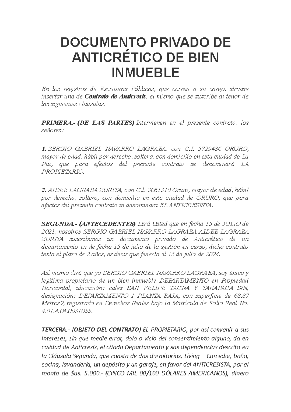 Documento Privado DE Anticrético DE BIEN Inmueble - DOCUMENTO PRIVADO ...
