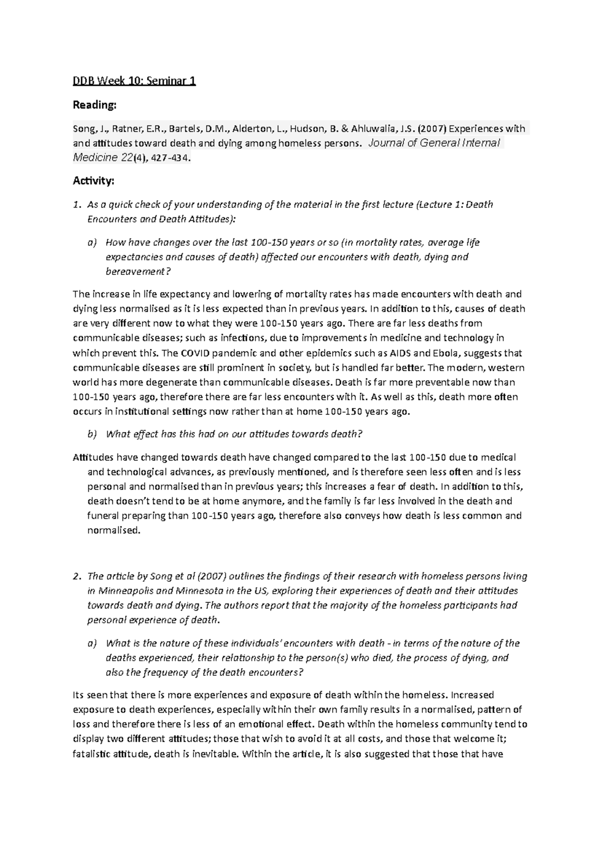 S.1 Week 10 - Seminar notes on death encounters and death attitudes ...