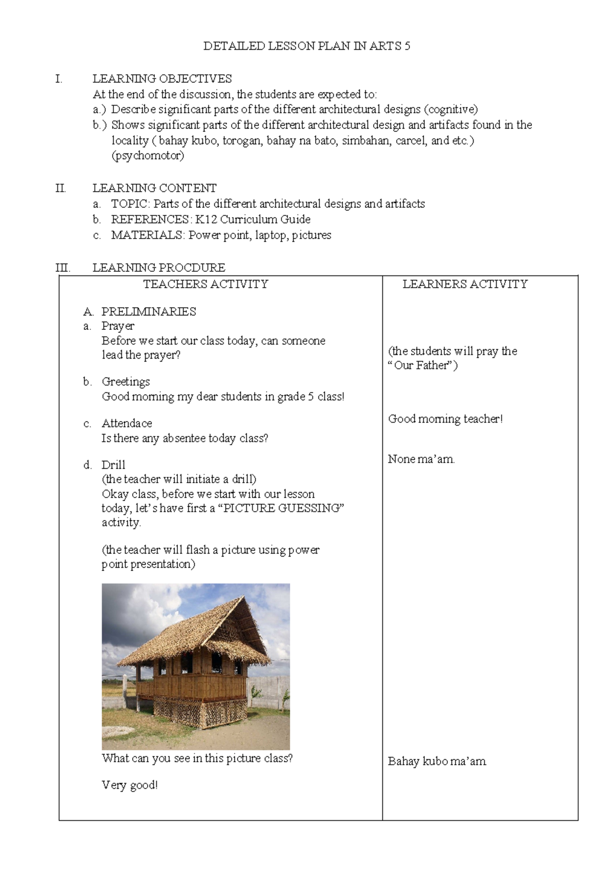 Detailed Lesson PLAN IN ARTS 5 - DETAILED LESSON PLAN IN ARTS 5 I ...