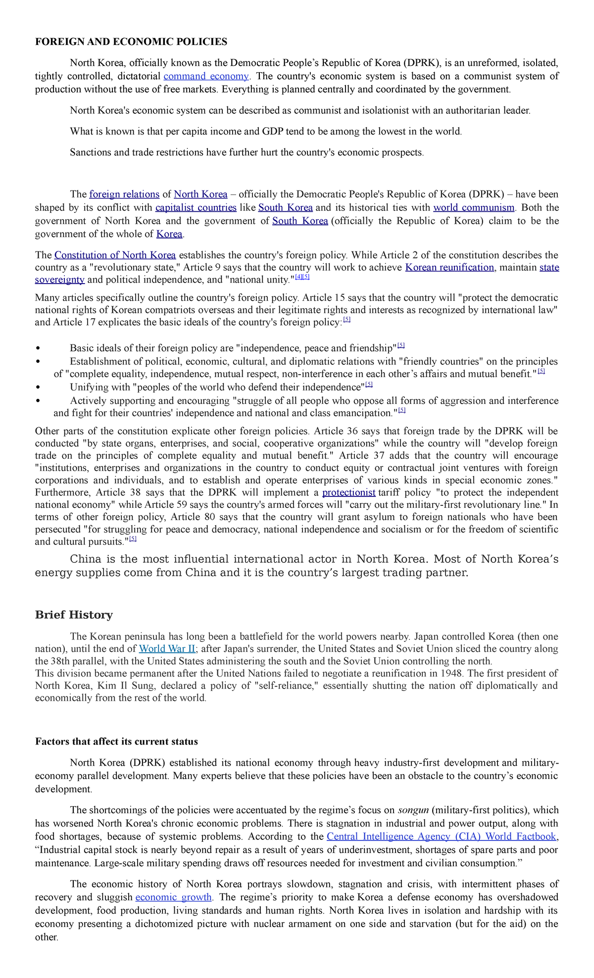 North Korea Report - FOREIGN AND ECONOMIC POLICIES North Korea ...
