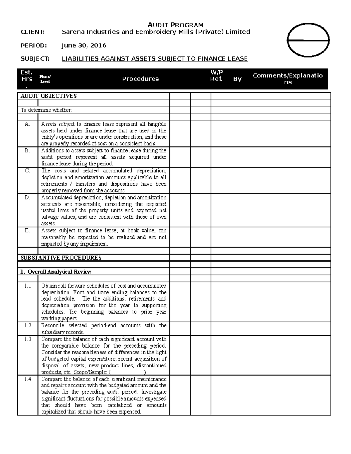 Assets Subject TO Finance Lease - CLIENT: Sarena Industries and ...