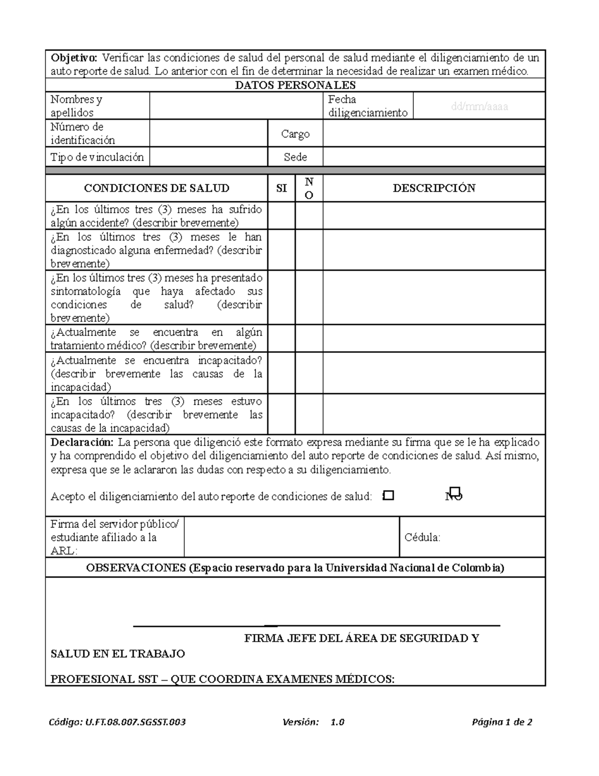 Formato Auto Reporte de Condiciones de Salud Para Vinculaciones V1 ...