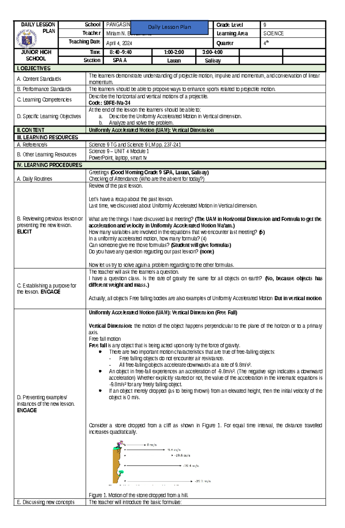 Vertical motion - DAILY LESSON PLAN School PANGASINAN NATIONAL HIGH ...