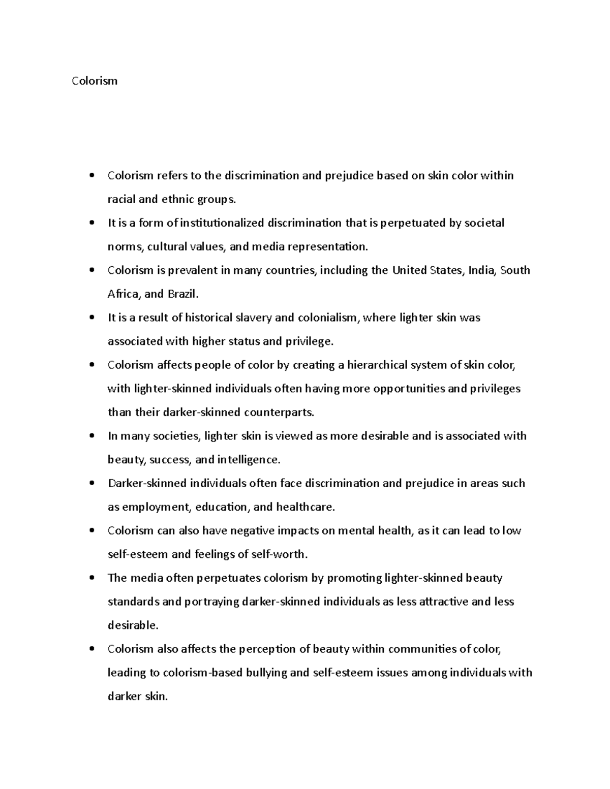 Colorism discrimination notes - Colorism Colorism refers to the ...