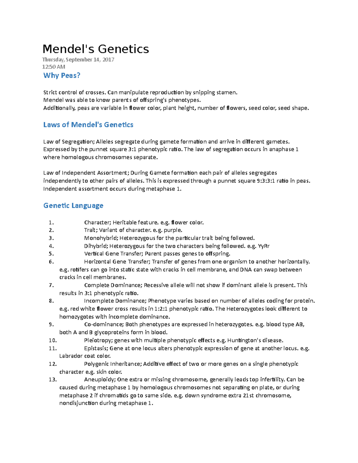 Mendel's Geneticss - Lecture notes genetics section - Mendel's Genetics ...