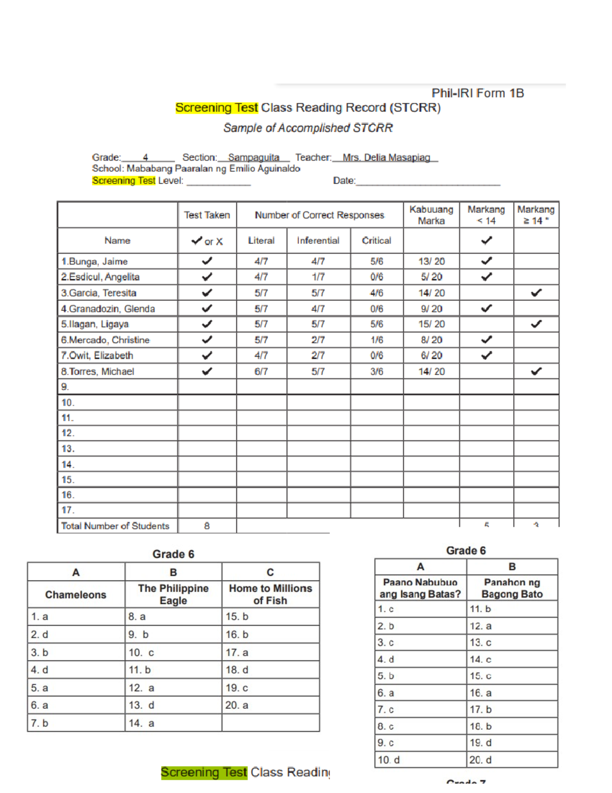 FOR GST - FOR FILIPINO - Form 1B Screening Test Class Reading Record ...