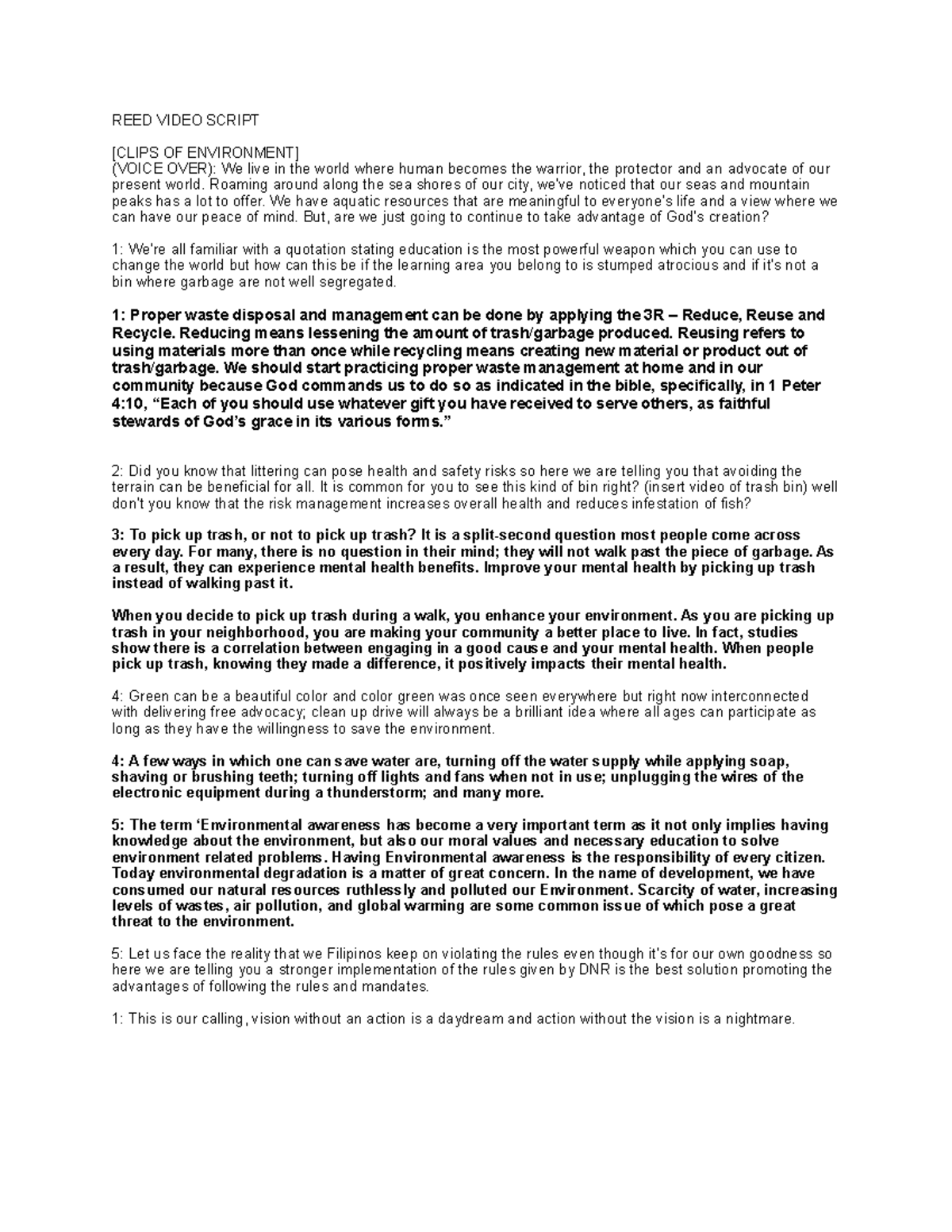 REED Video Script about being stewards - REED VIDEO SCRIPT [CLIPS OF ...