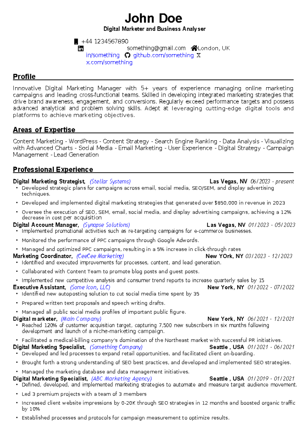 Modern simple ats friendly latex cv - John Doe Digital Marketer and Business Analyser +44 ...