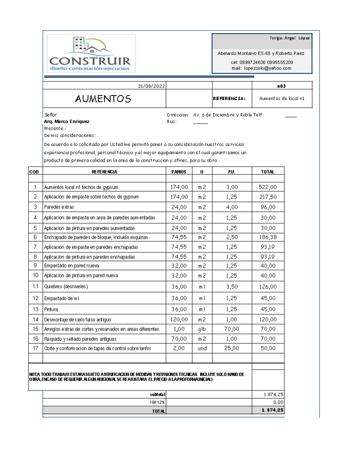Proforma 03 Arq. Marco Enriquez Aumentos - Tcnlgo. Angel López Abelardo ...