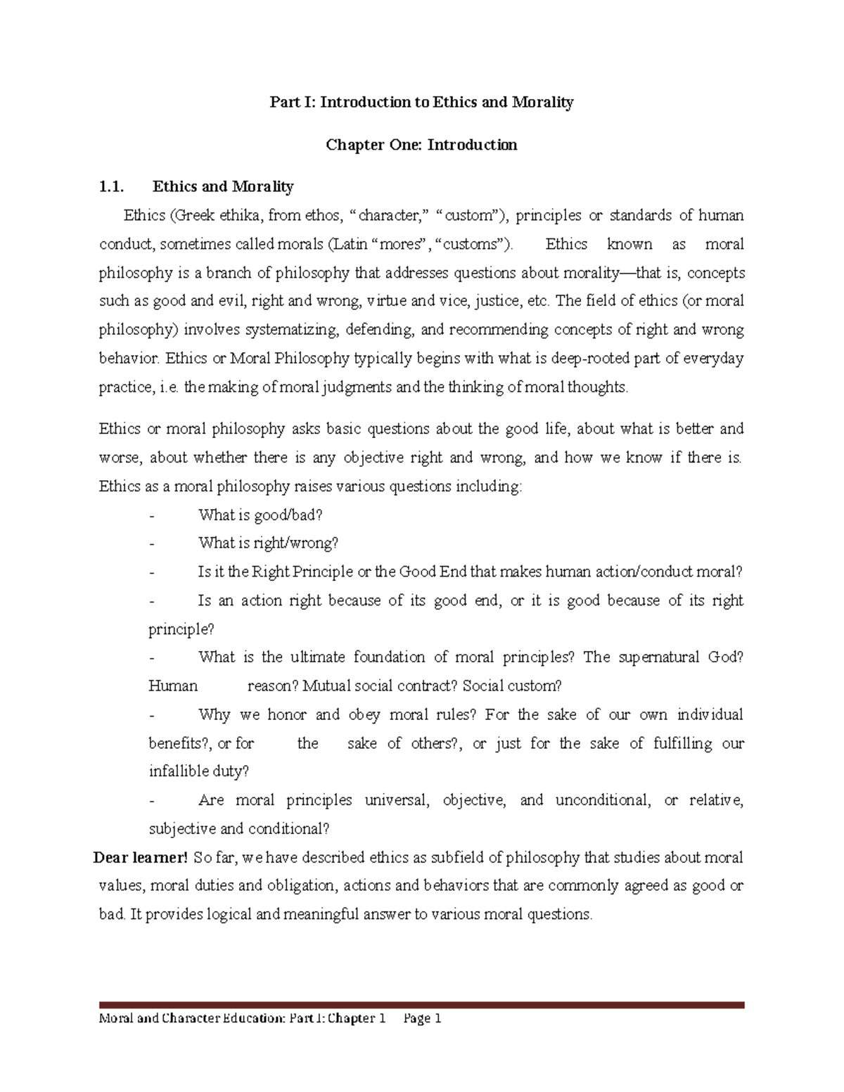 Moral Education Chapter one - Part I: Introduction to Ethics and ...