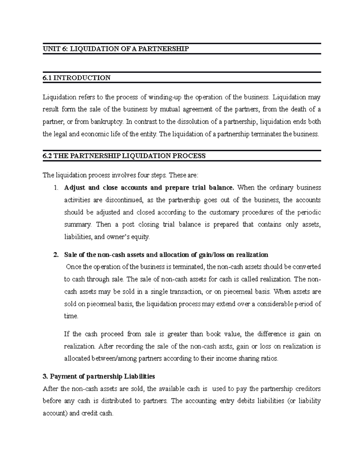 Advanced Accounting Unit 6 - UNIT 6: LIQUIDATION OF A PARTNERSHIPUNIT 6 ...